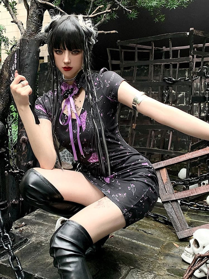 Goth Moth Cheongsam Dress Oriental Gothic Alt Dark Arcane Trail