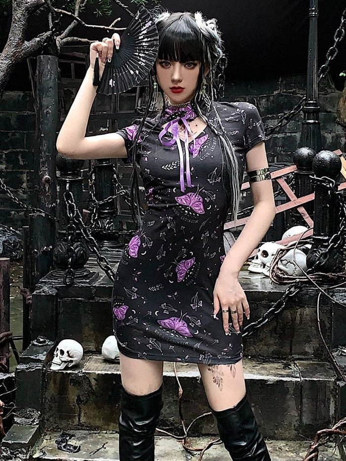 Goth Moth Cheongsam Dress Oriental Gothic Alt Dark Arcane Trail