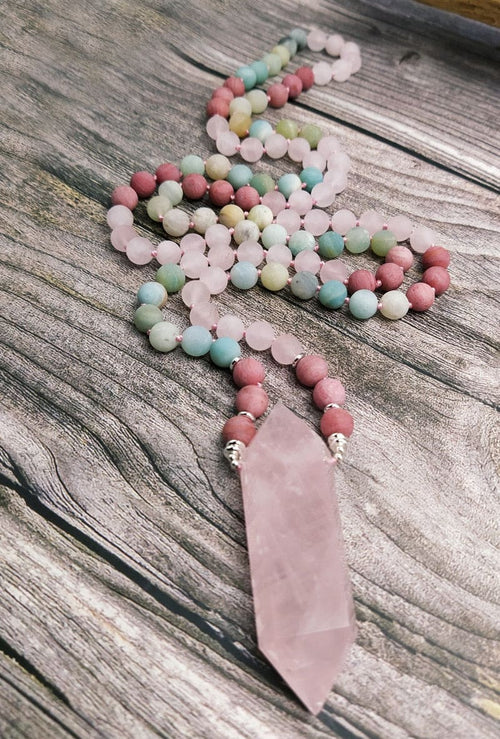Rose Quartz Prayer Bead Necklace Crsytal Meditation Pagan Arcane Trail